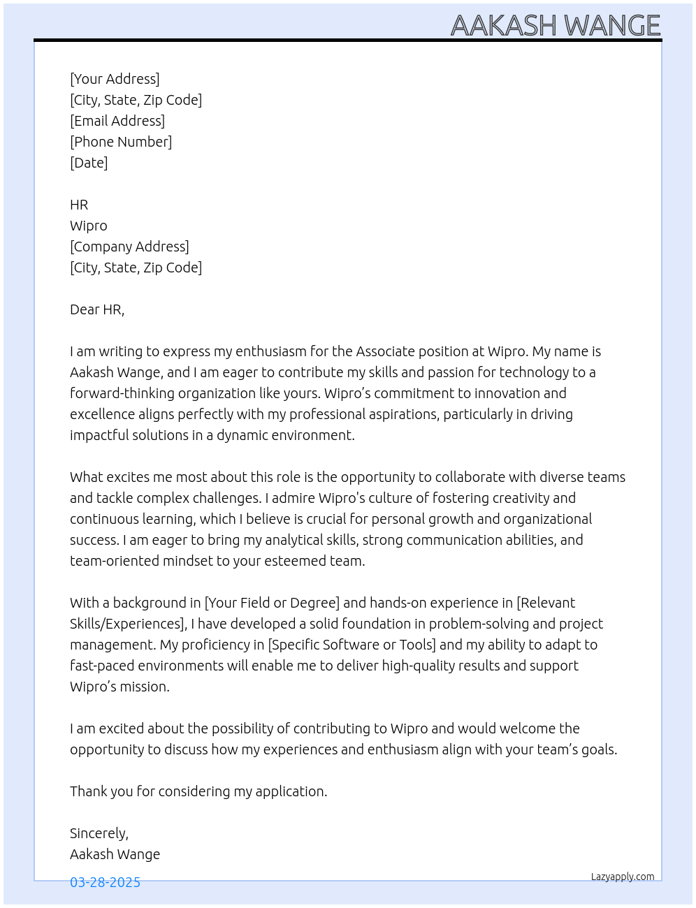 Cover letter for associated - LazyApply
