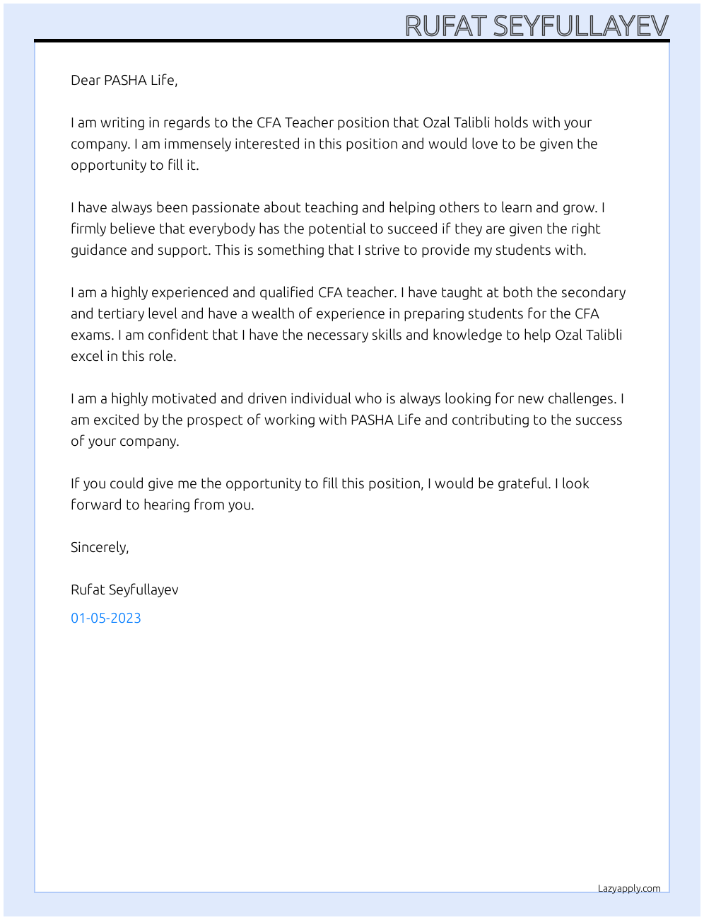 Cover Letter For Pasha Life LazyApply