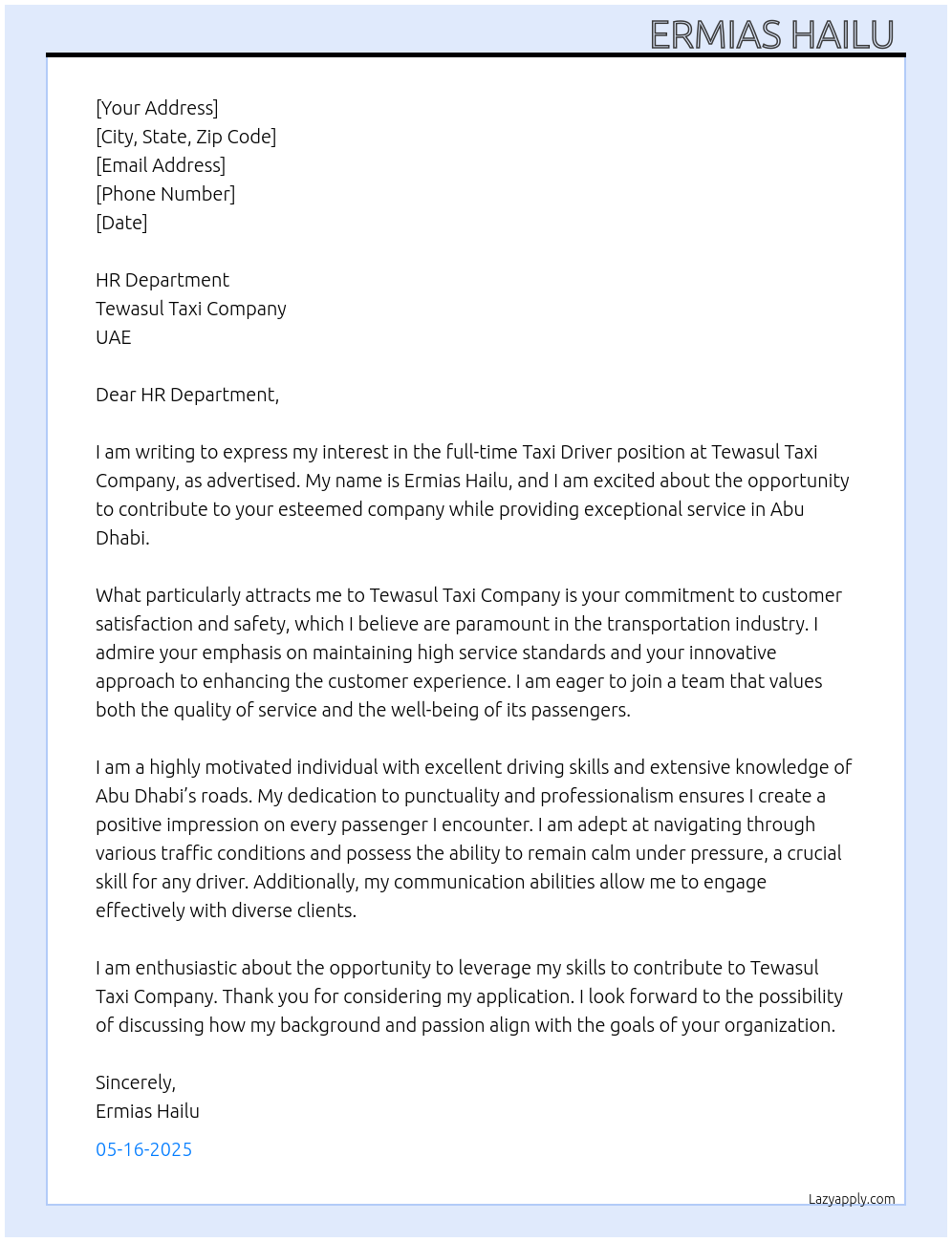 Cover letter for taxi driver - LazyApply