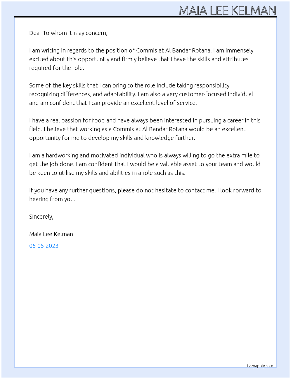Cover letter for commis - LazyApply