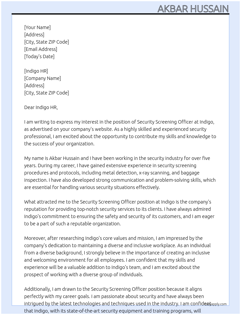 Cover letter for security screening officer - LazyApply
