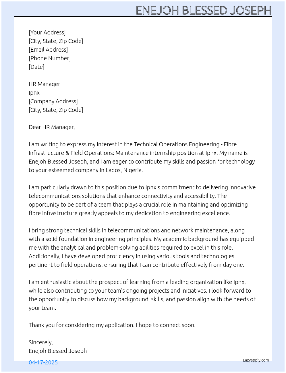 Cover letter for technical operations engineering fibre infrst & field ...