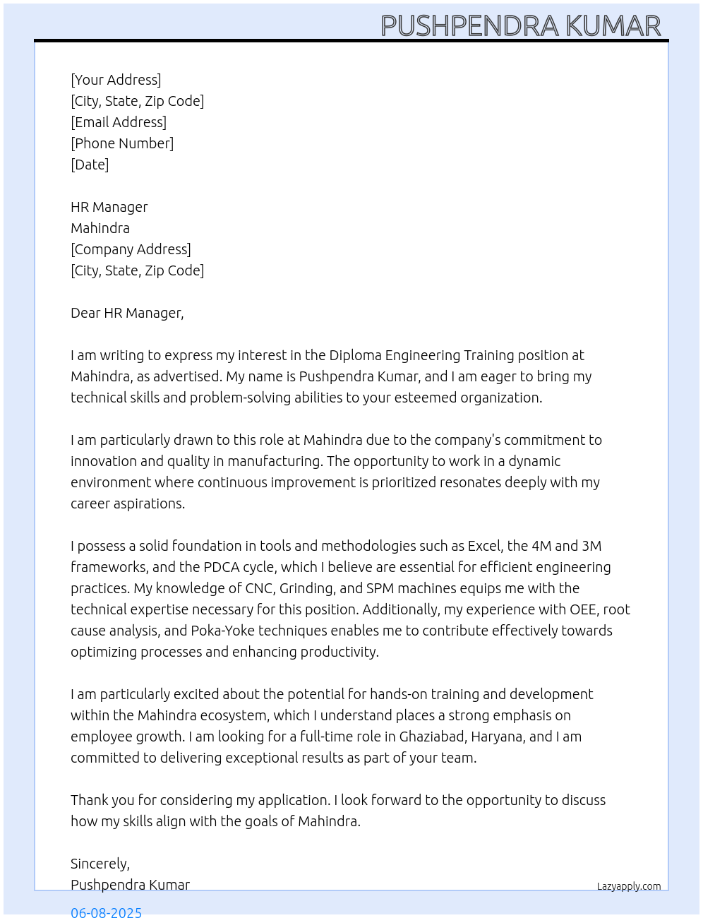 Cover letter for diploma engineering training - LazyApply