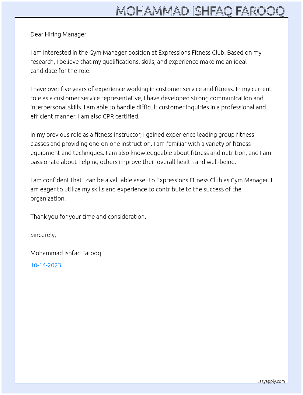 Cover letter for gym manager - LazyApply