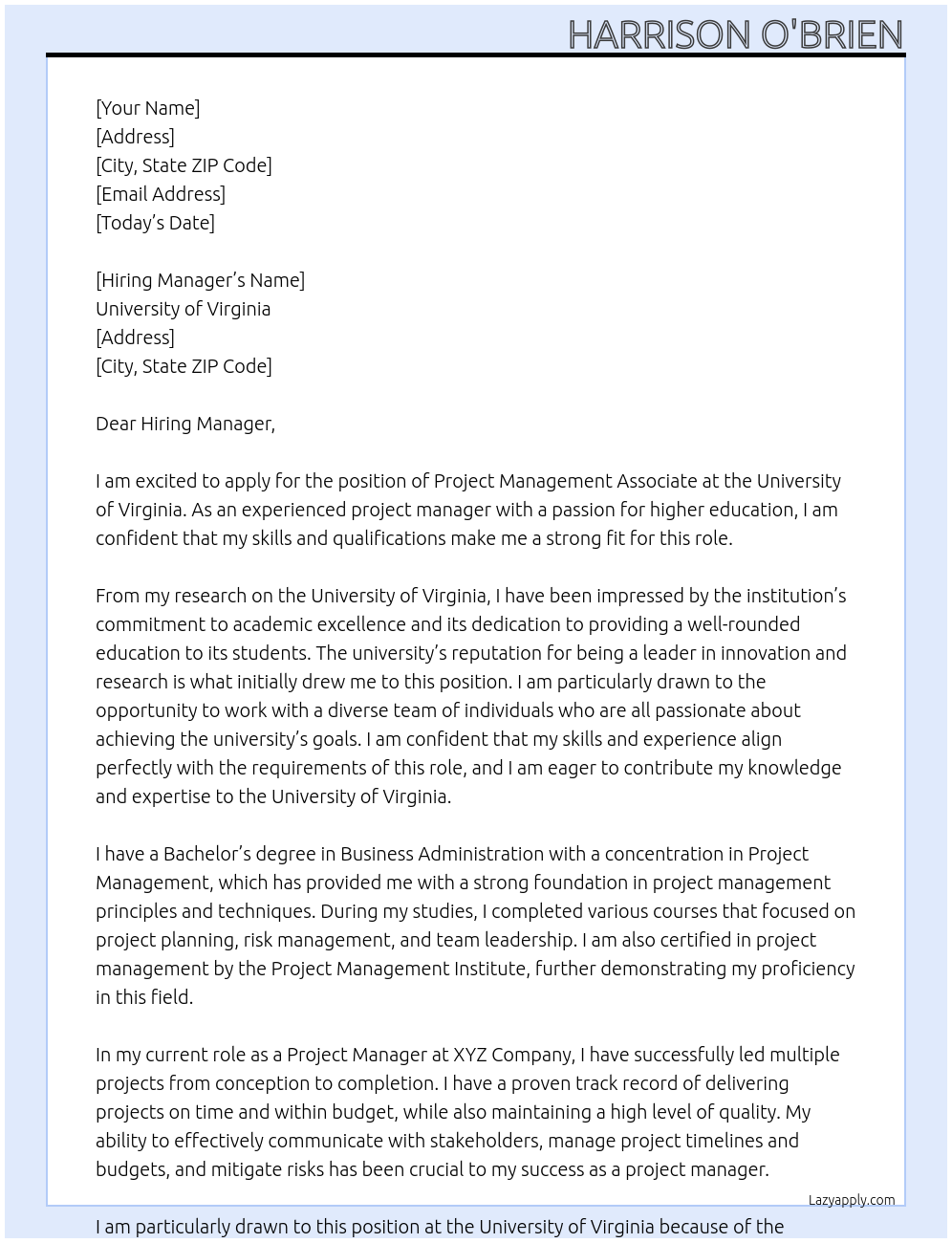 Cover letter for project management associate - LazyApply