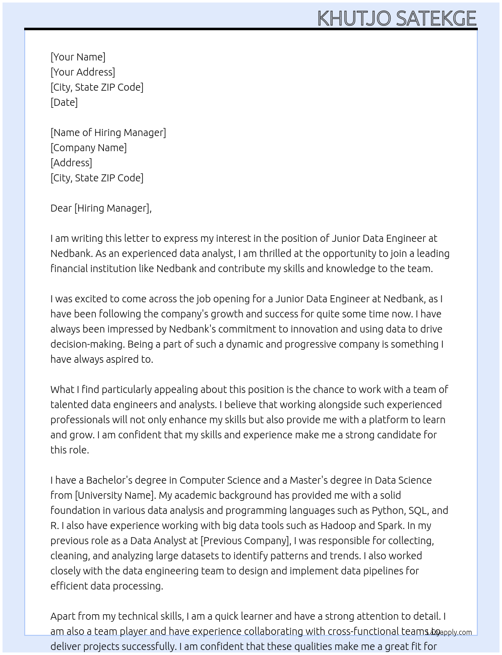 Cover letter for junior data engineer - LazyApply