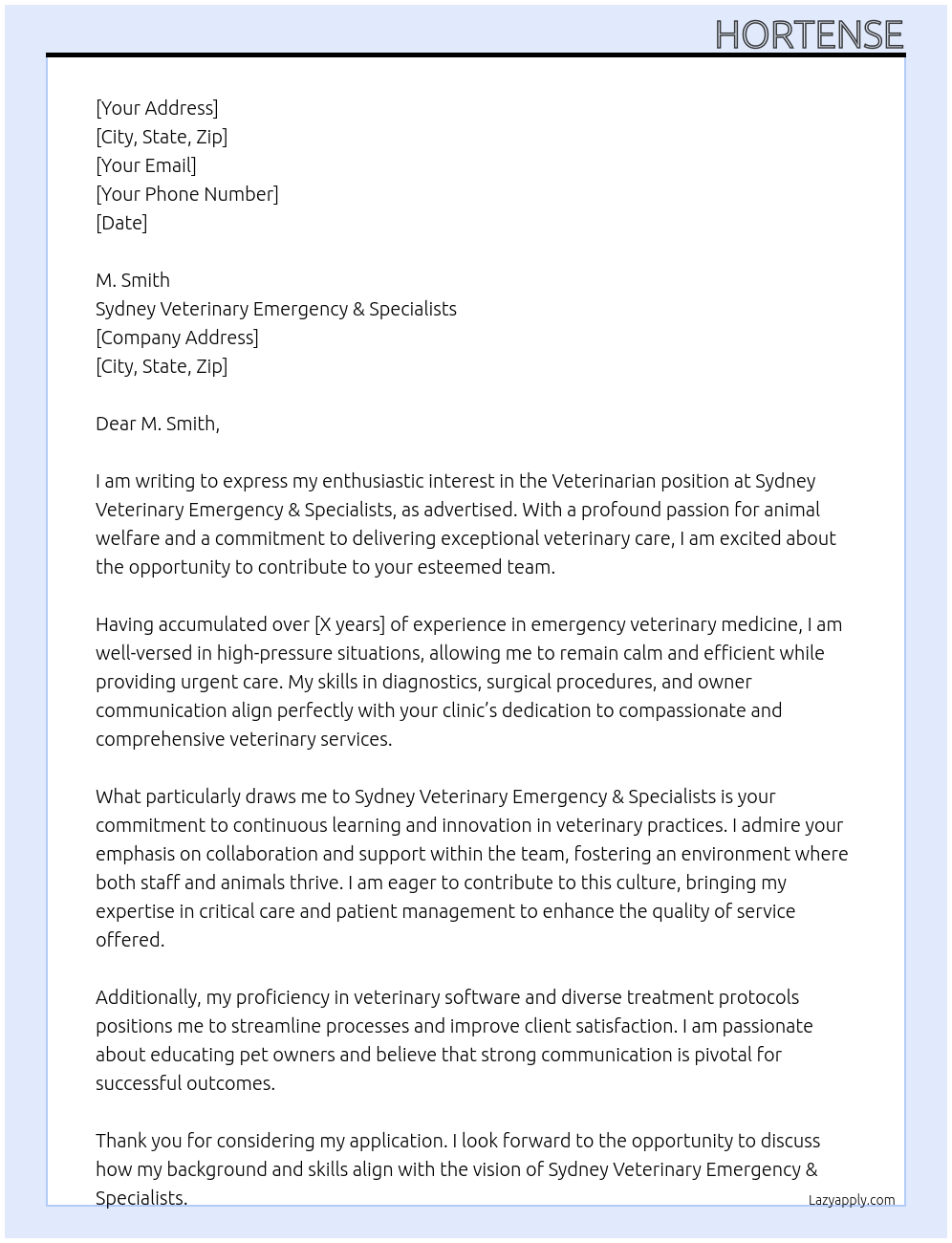 Cover letter for veterinarian - LazyApply