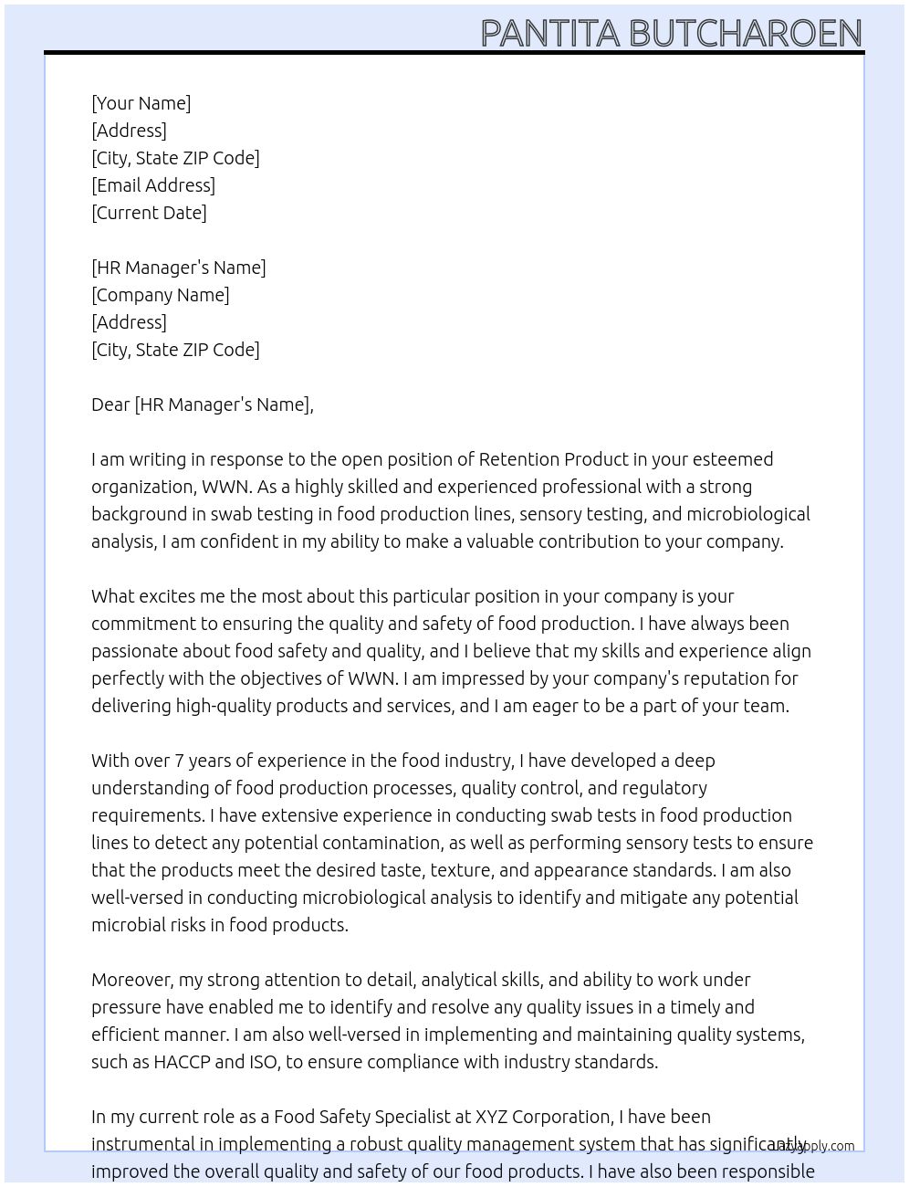 Cover letter for retention product , swab test in food production line ...