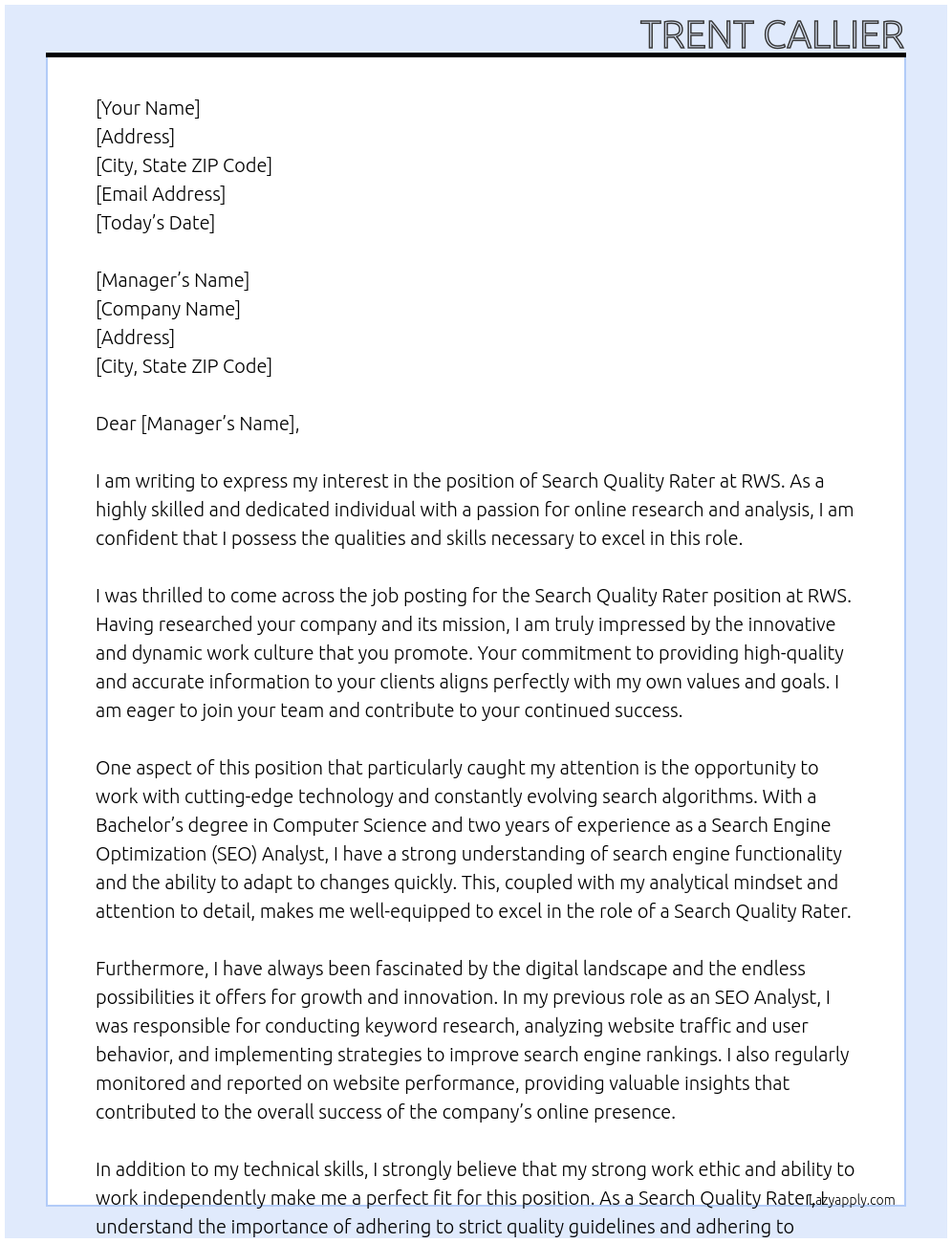 Cover letter for search quality rater - LazyApply