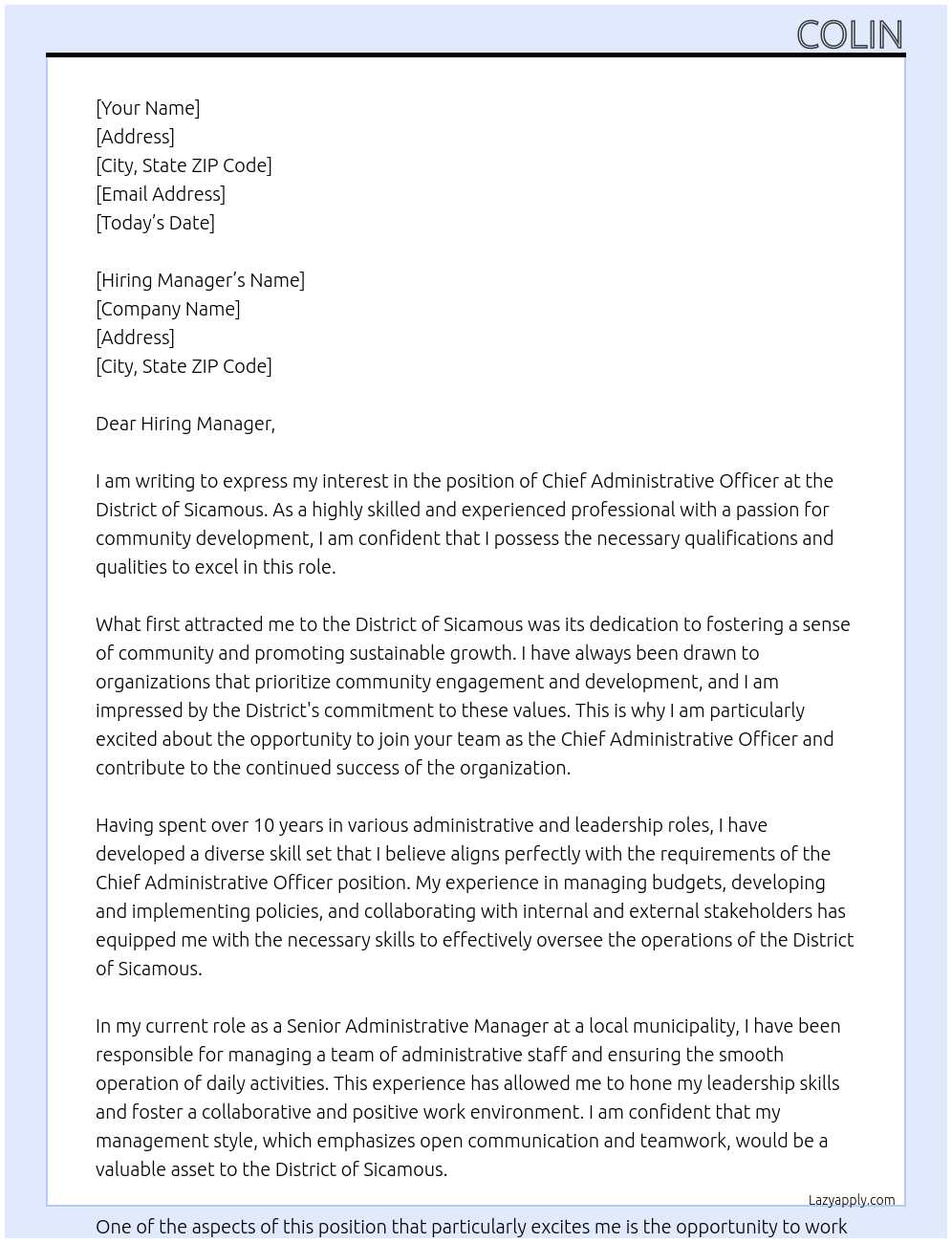 Cover letter for chief administrative officer - LazyApply