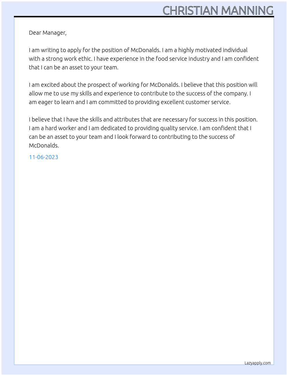 Cover letter for mcdonalds - LazyApply