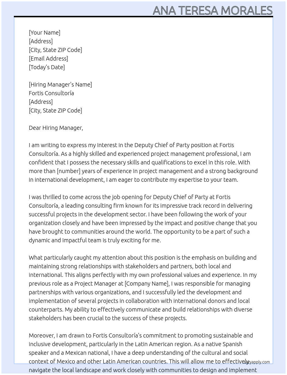 Cover letter for deputy chief of party - LazyApply