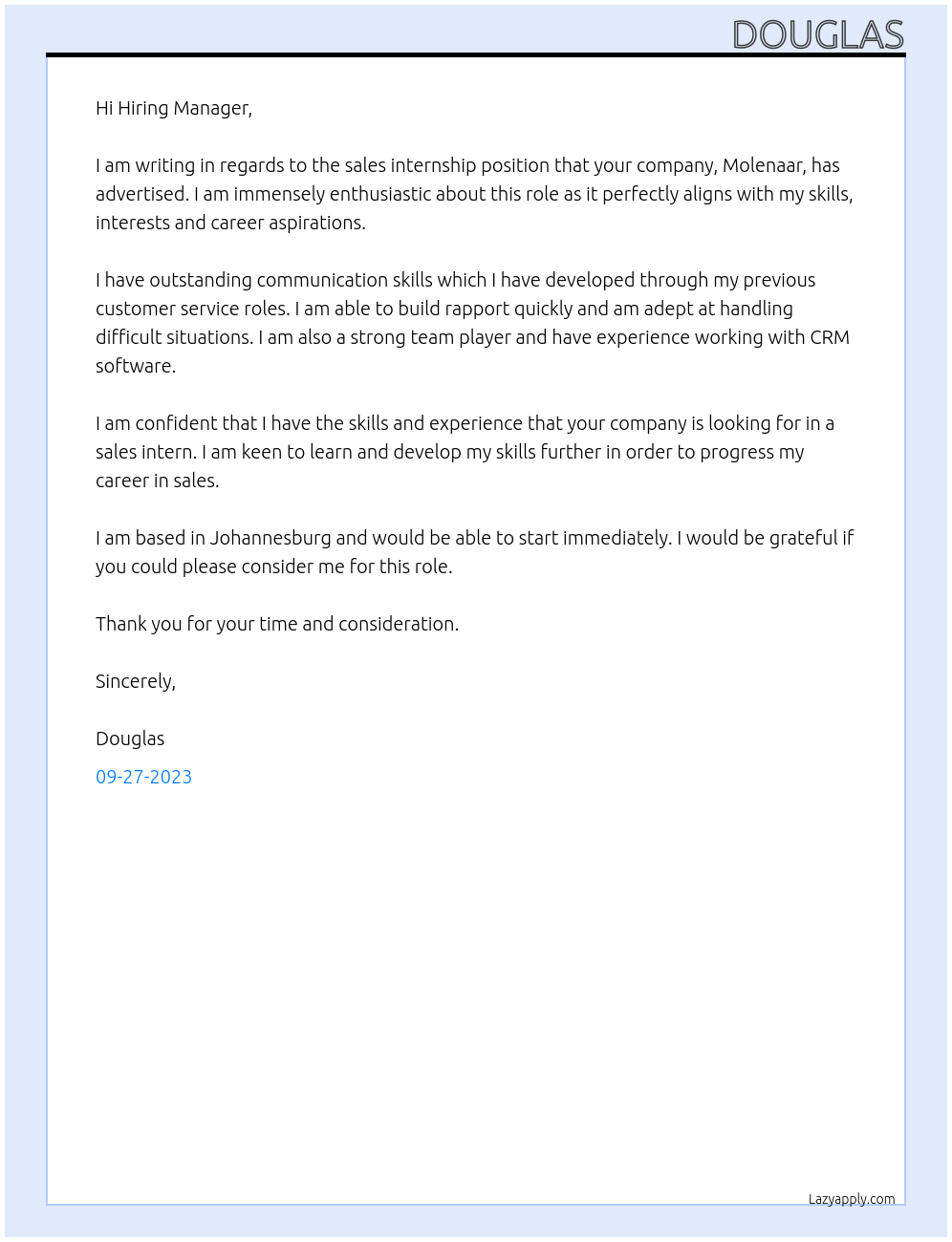 Cover letter for sales internship - LazyApply