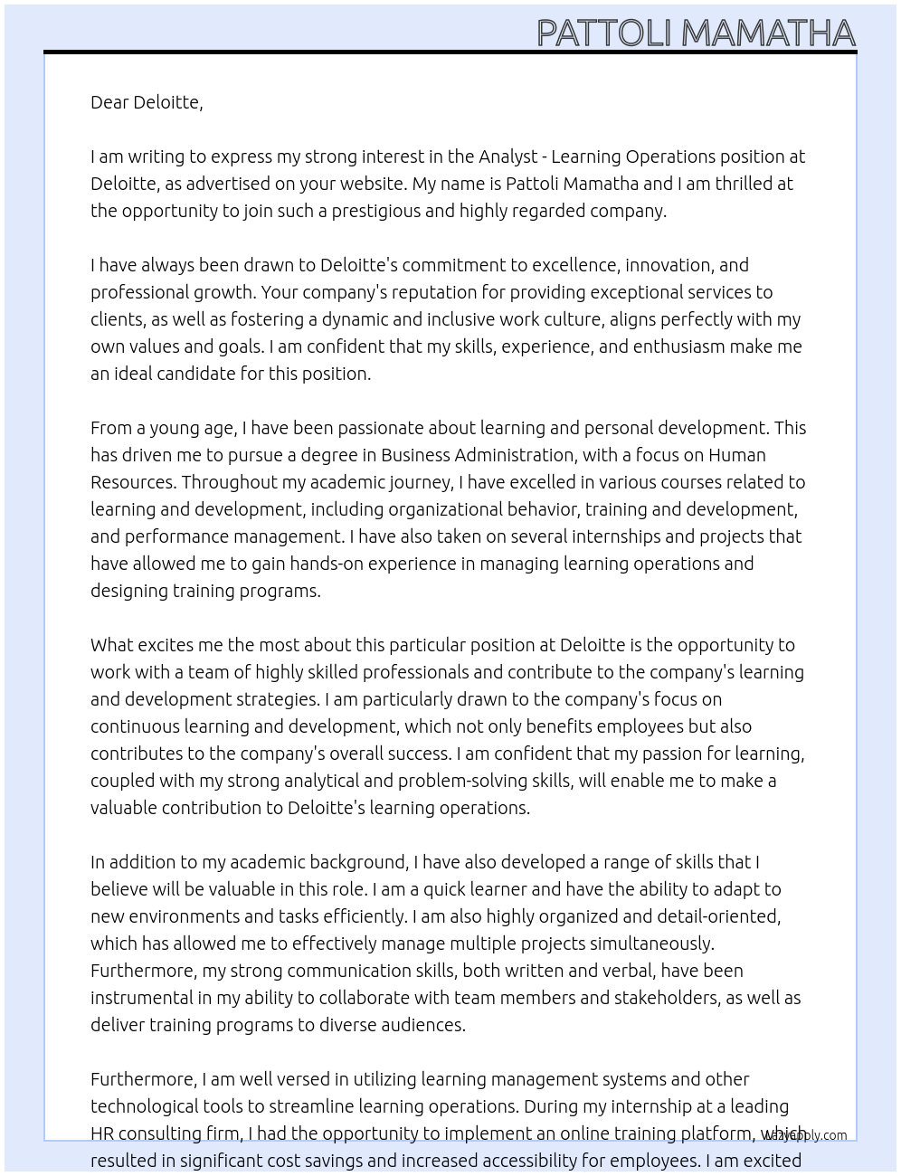 Cover letter for analyst- learning operations - LazyApply
