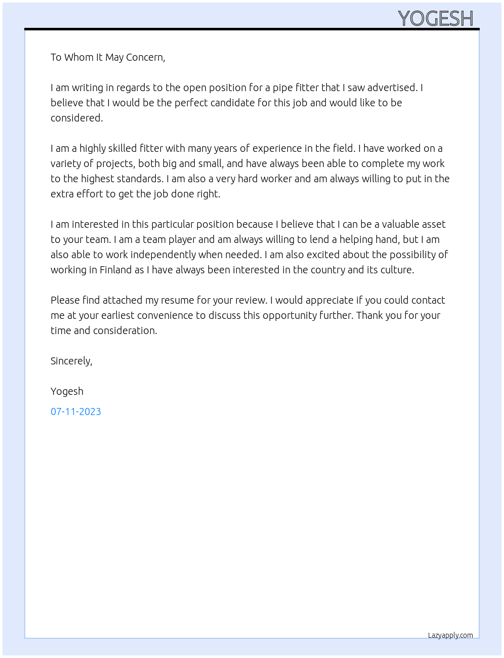 Cover letter for pipe fitter - LazyApply