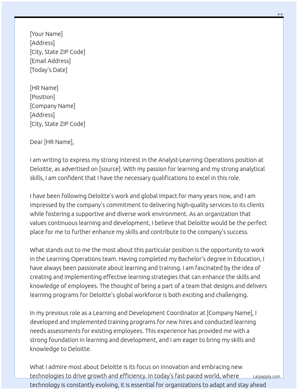 Cover letter for analyst-learning operations - LazyApply
