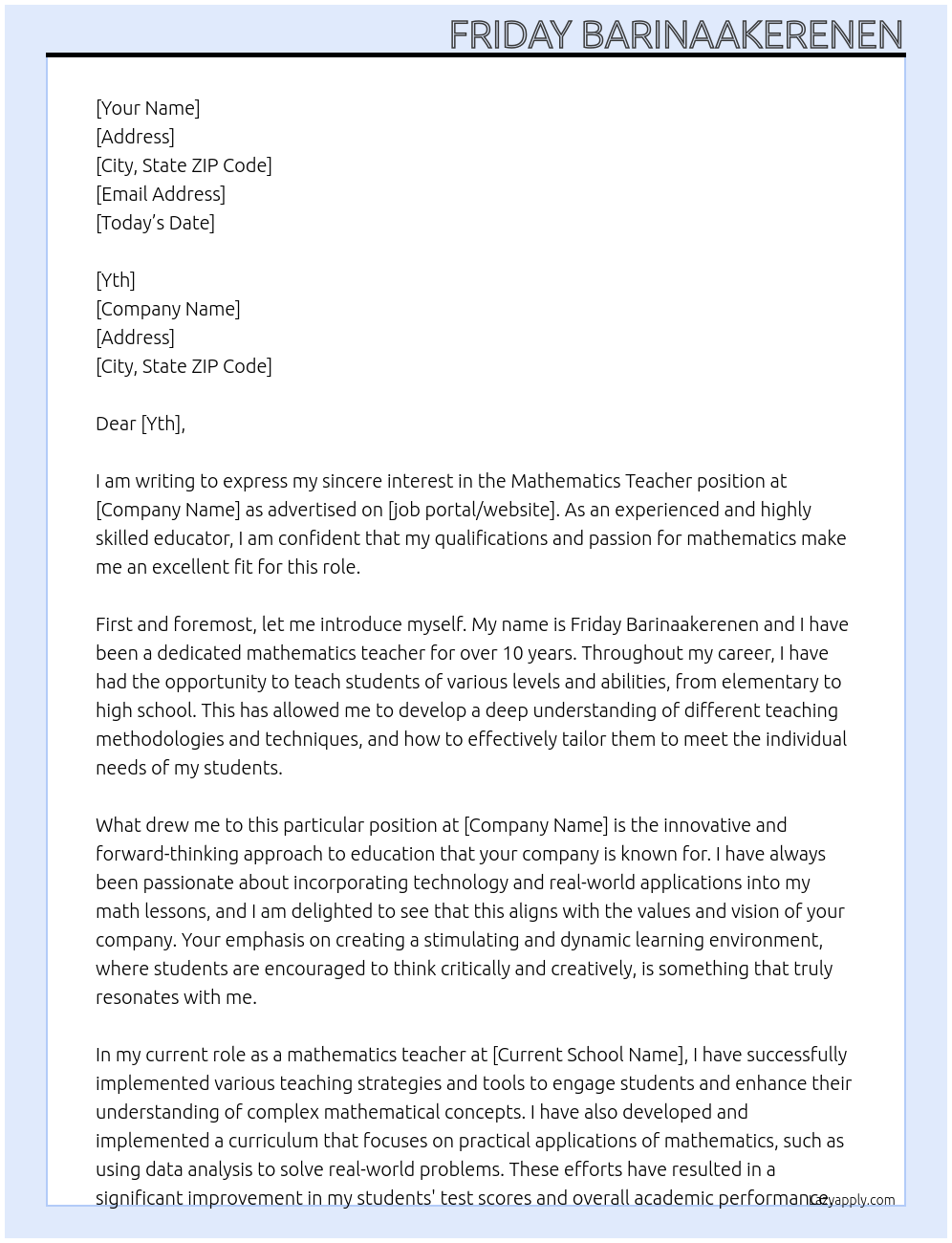 Cover letter for mathematics teacher - LazyApply