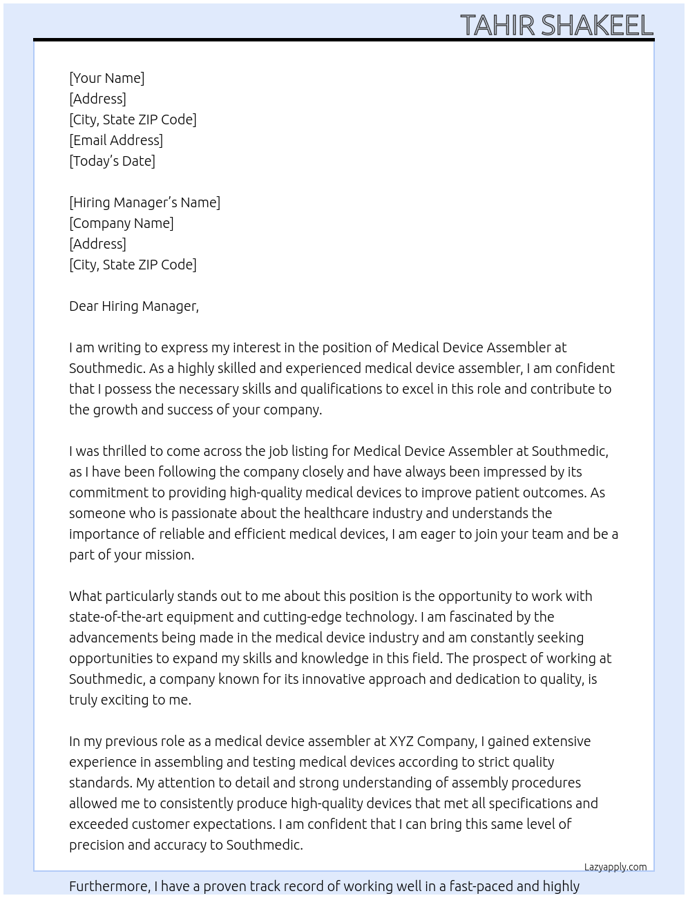 Cover letter for medical device assembler - LazyApply