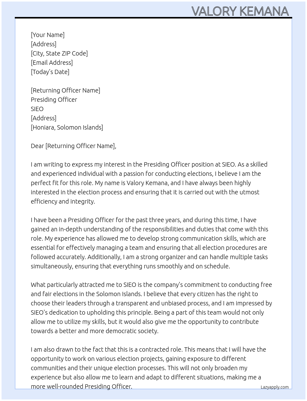 Cover letter for presiding officer - LazyApply