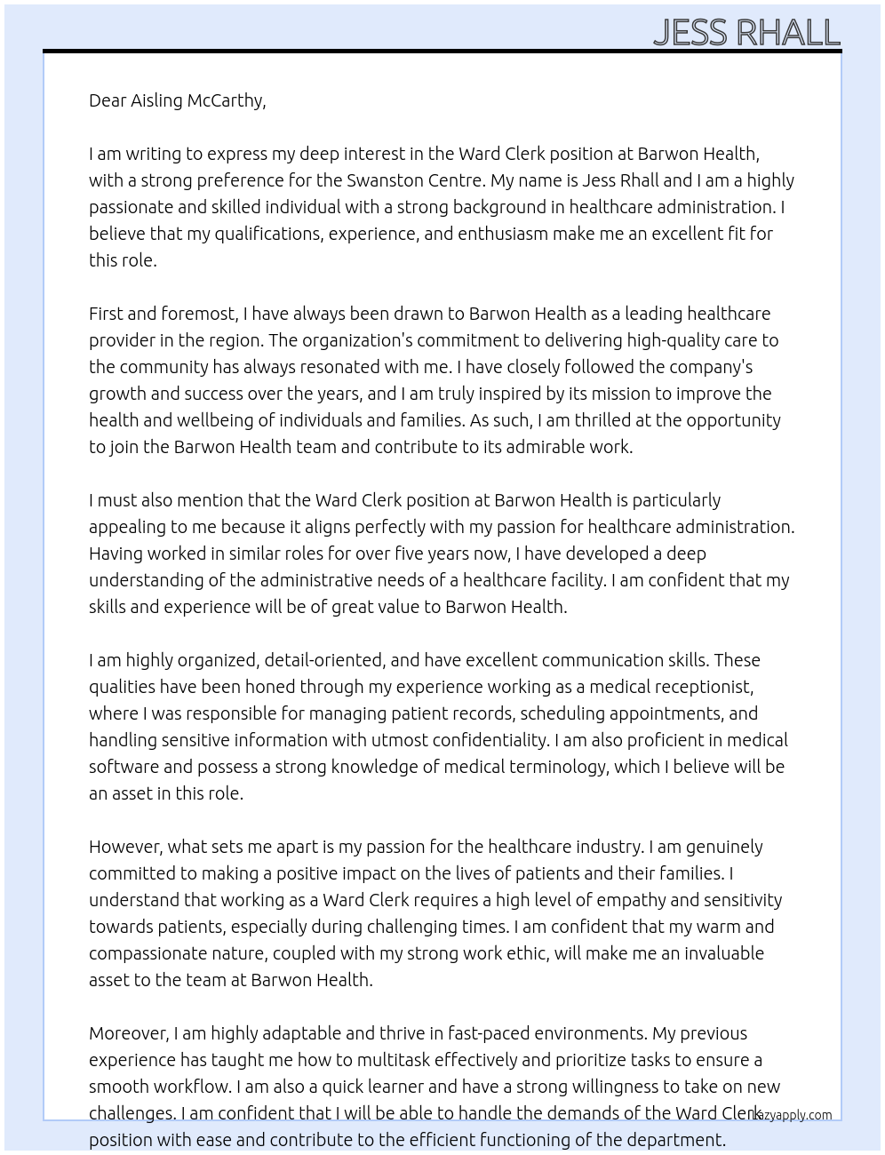 Cover letter for ward clerk - LazyApply