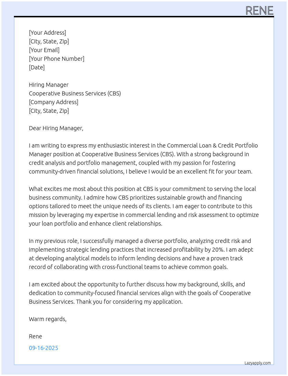 Cover letter for commercial loan & credit portfolio manager - LazyApply