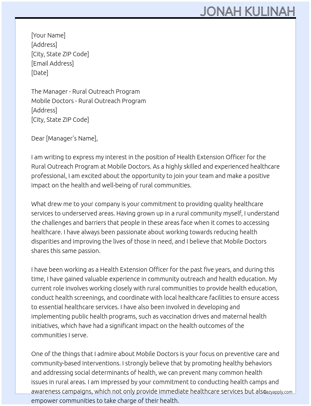 Cover letter for health extension officer-rural outreach program ...