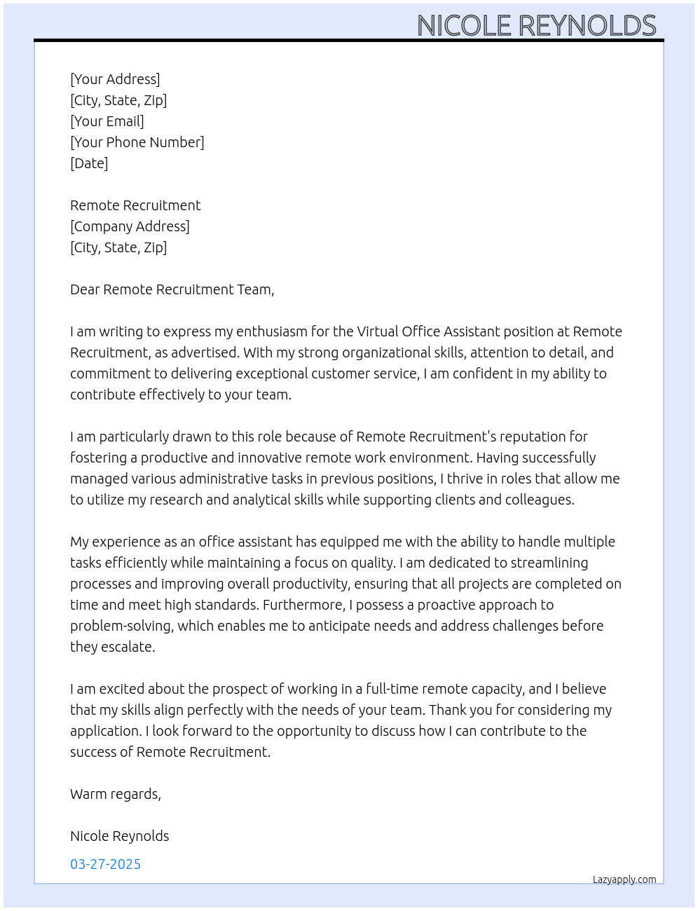 Cover letter for virtual office assistant - LazyApply