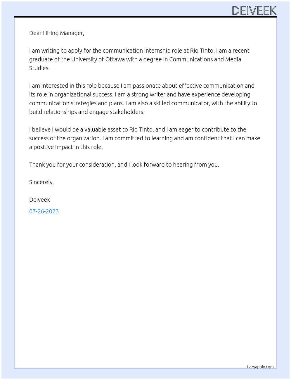 Cover letter for communication - LazyApply