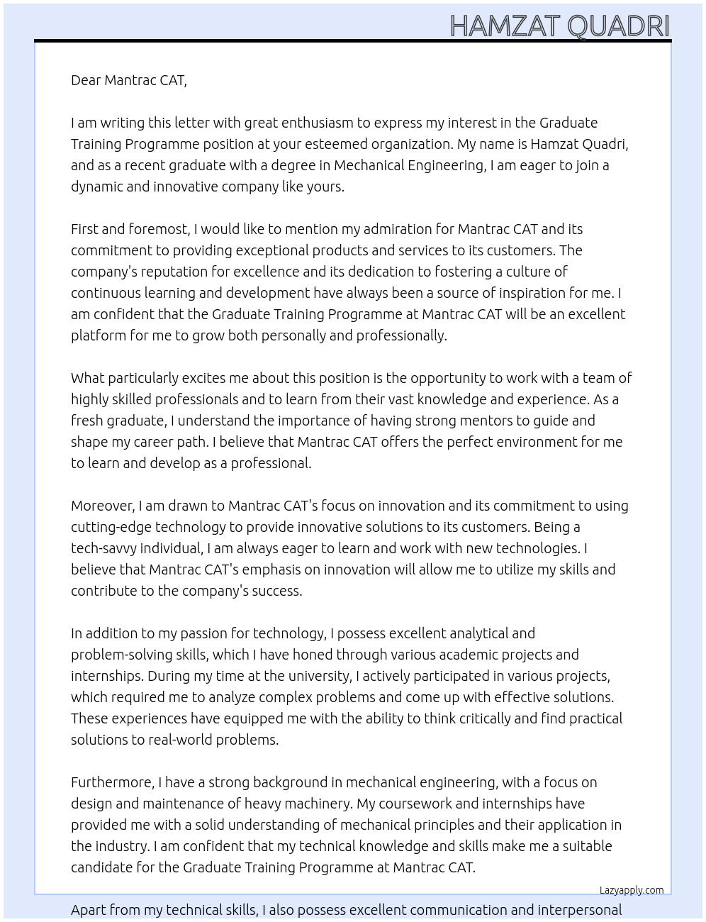 Cover letter for graduate training programme - LazyApply