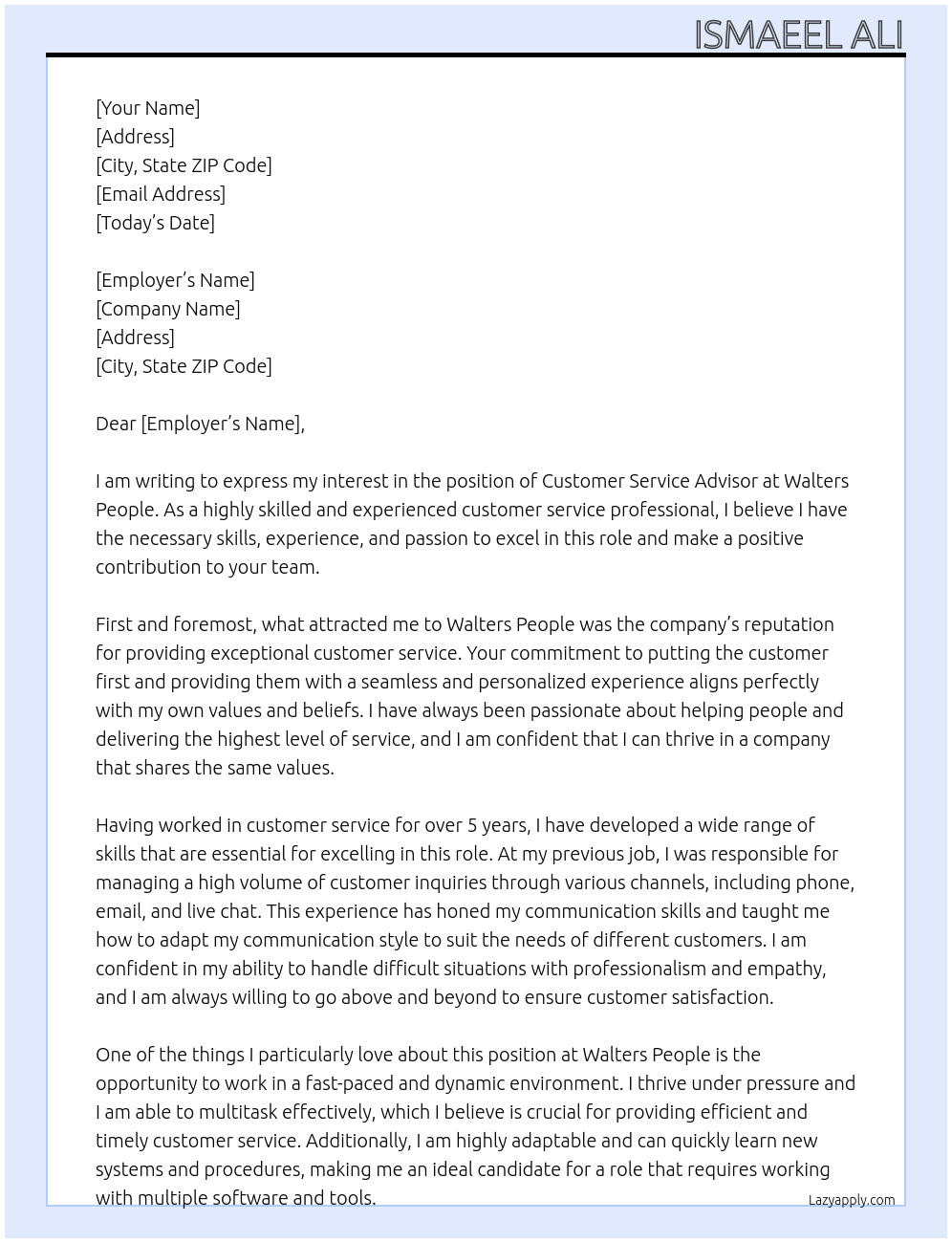 Cover letter for customer service advisor - LazyApply