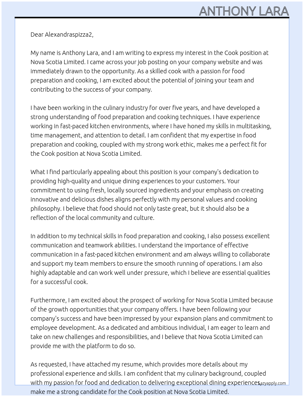 Cover letter for cook - LazyApply