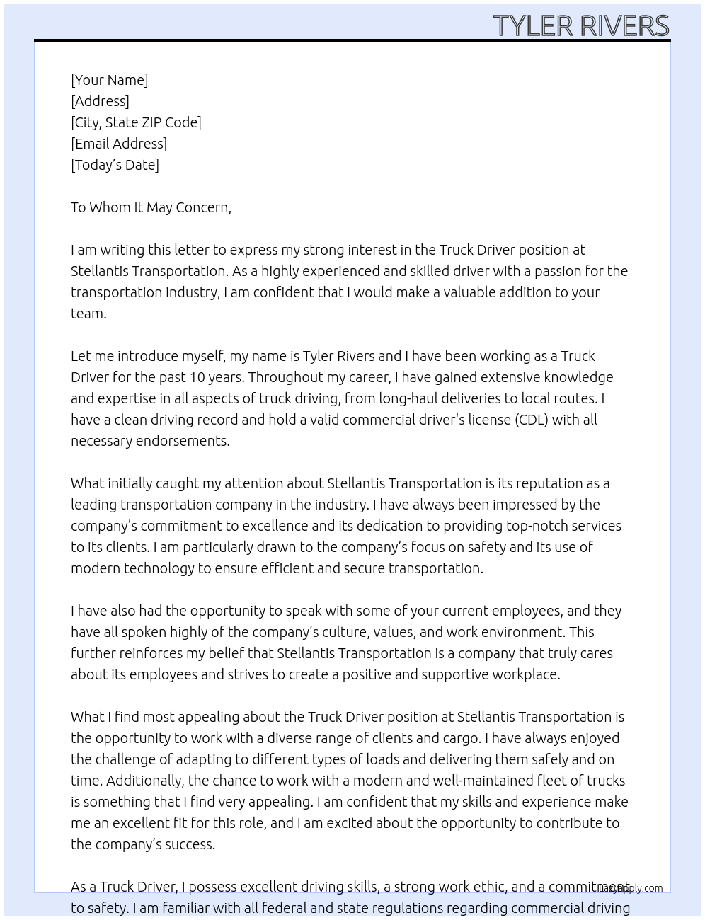 Cover letter for truck driver - LazyApply