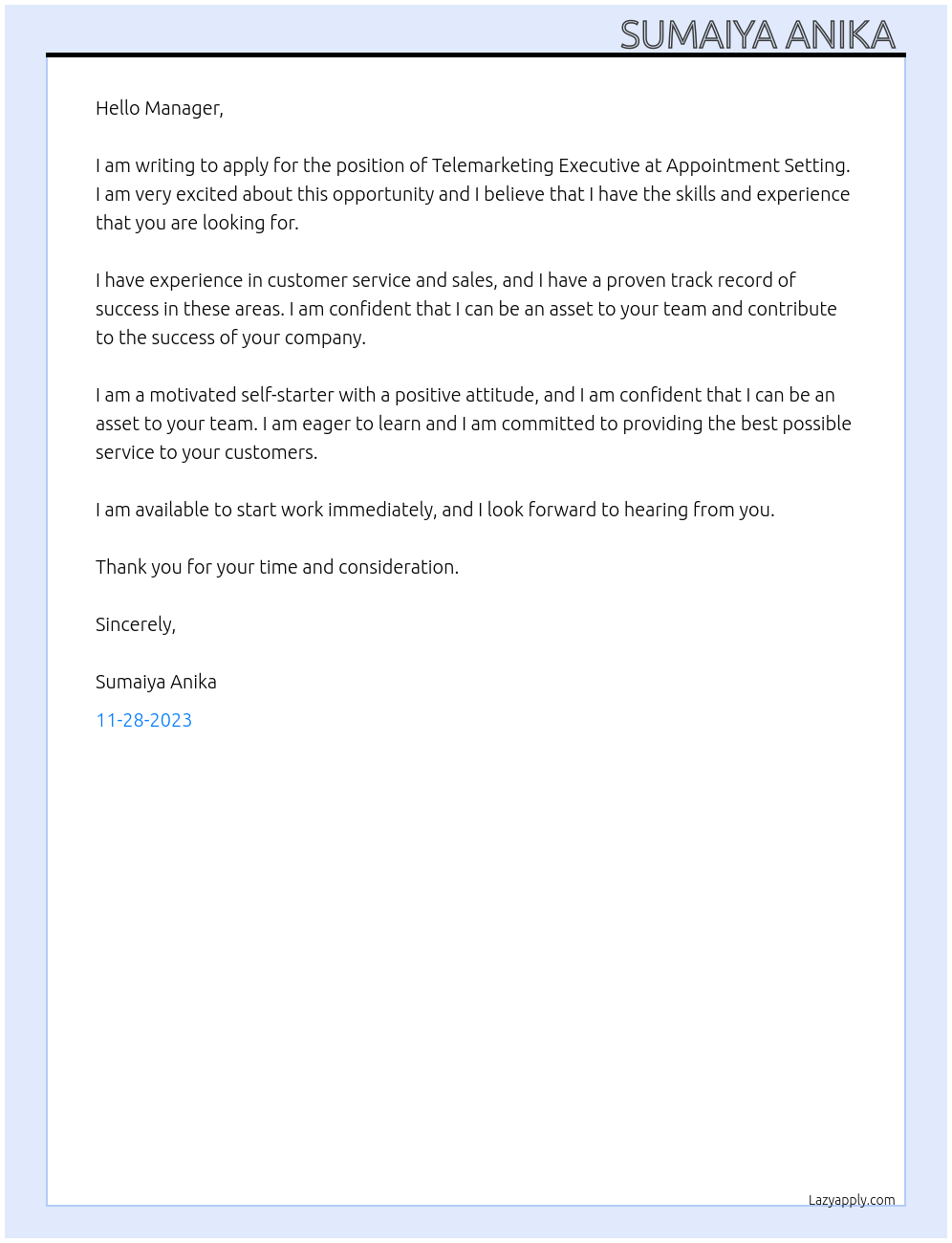 Cover letter for telemarketing executive - LazyApply