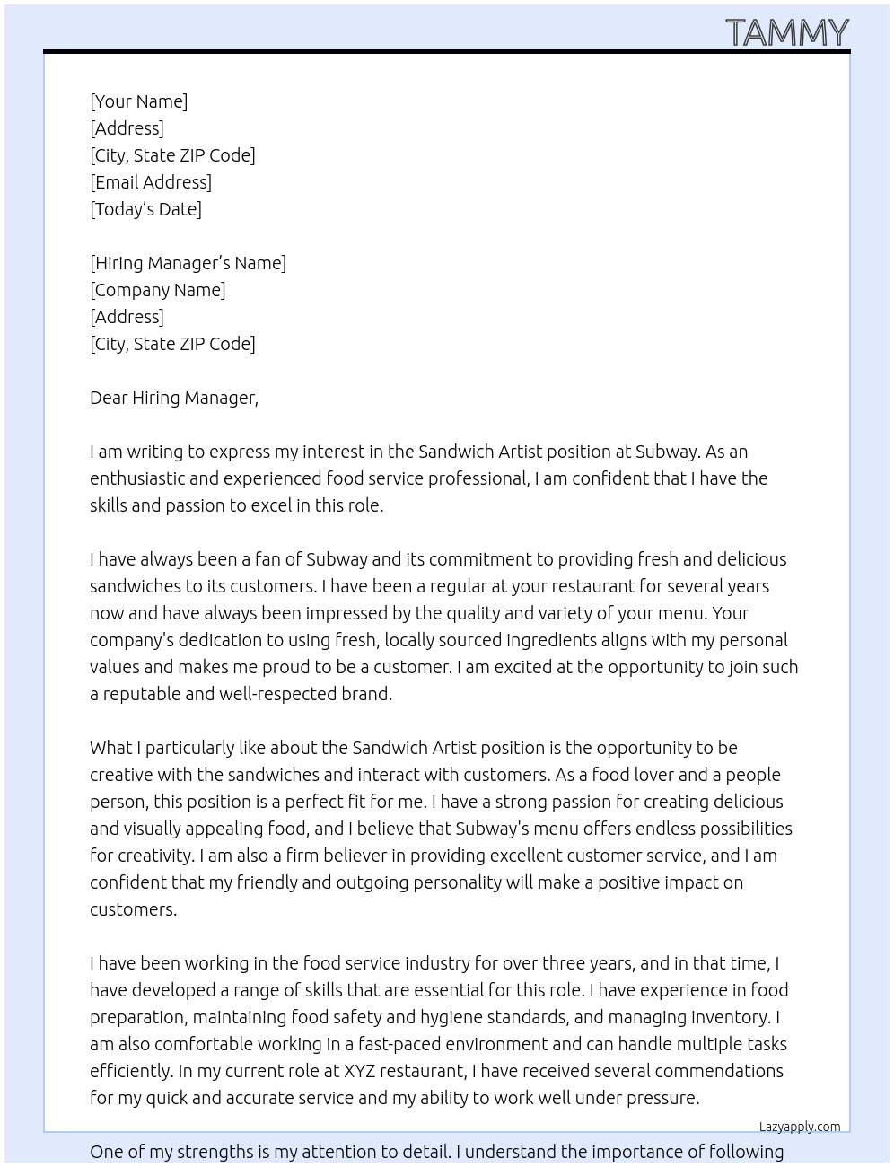 Cover letter for sandwich artist - LazyApply