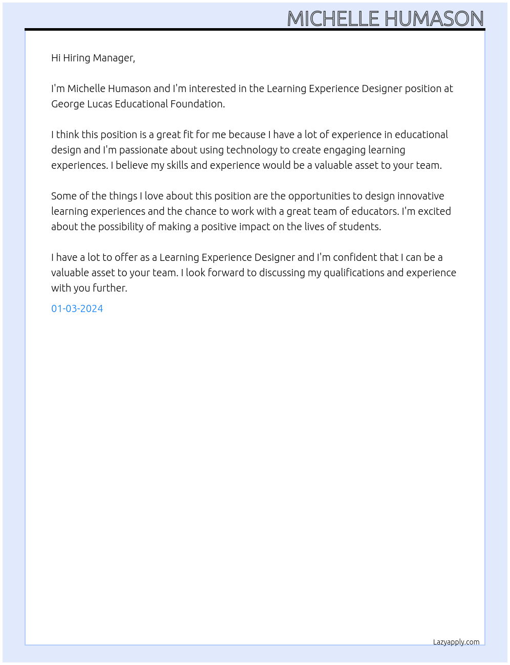 Cover letter for learning experience designer - LazyApply