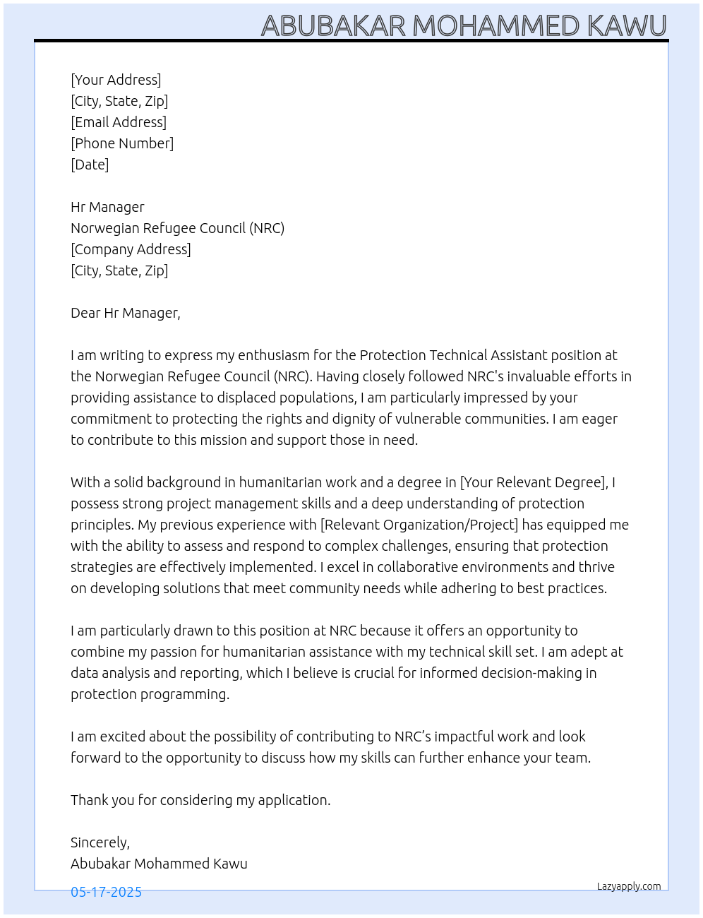 Cover letter for protection technical assistant - LazyApply