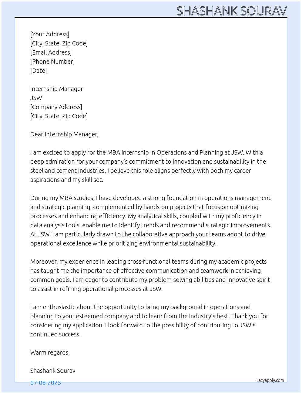 Cover letter for mba internship in operations and planning - LazyApply