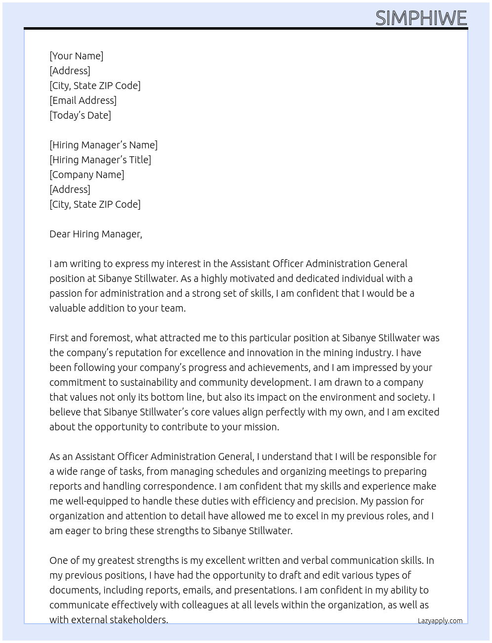 Cover letter for assistant officer administration general - LazyApply