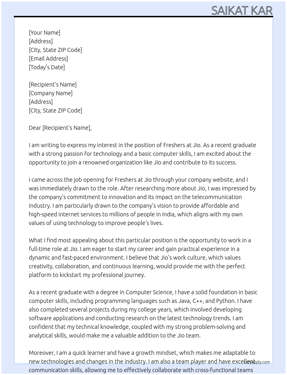 Cover letter for freshers - LazyApply