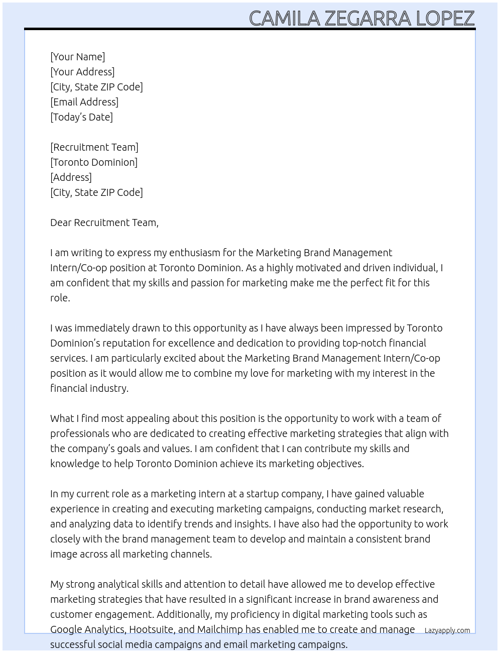 Cover letter for marketing brand management intern/co-op - LazyApply