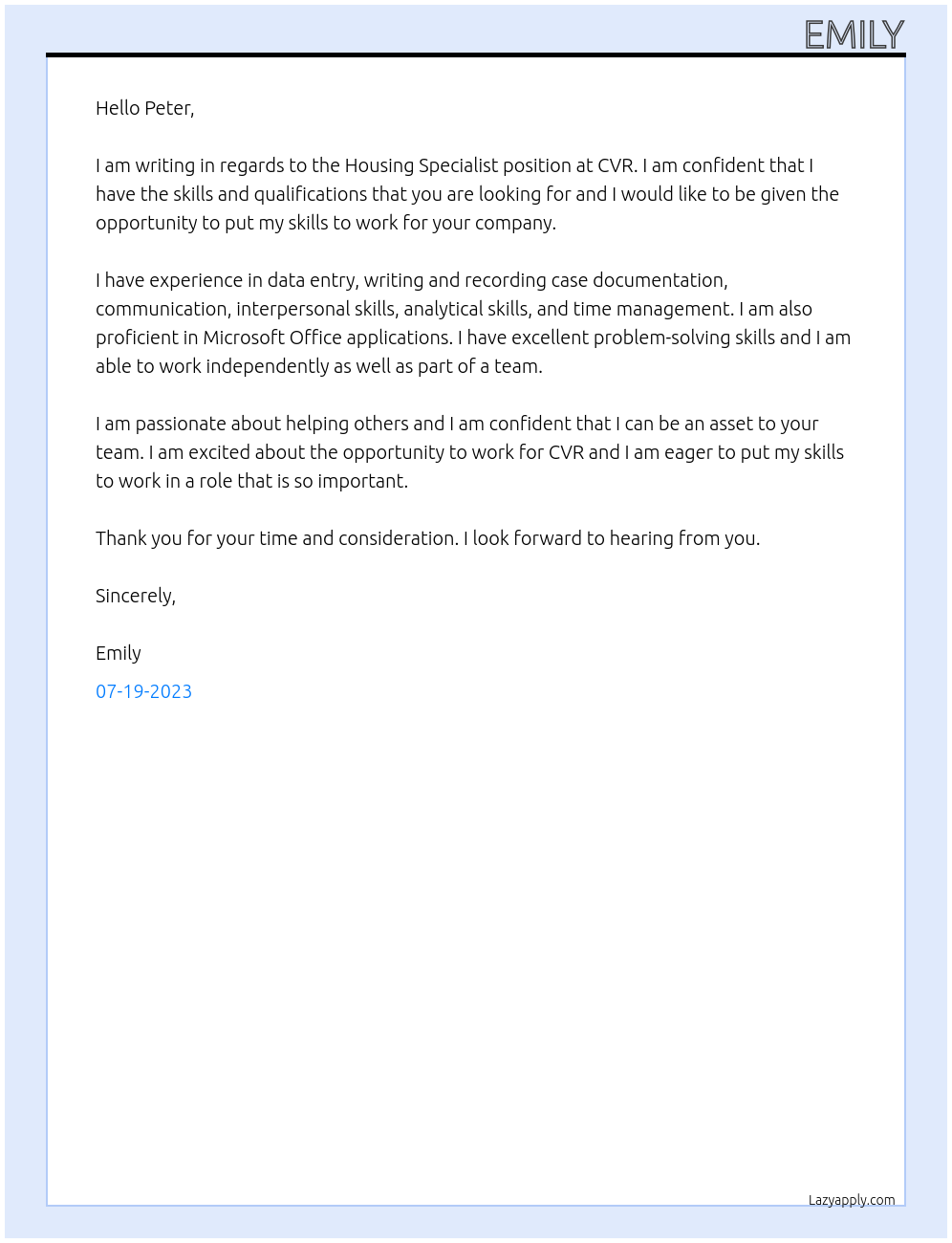 Cover letter for housing specialist - LazyApply