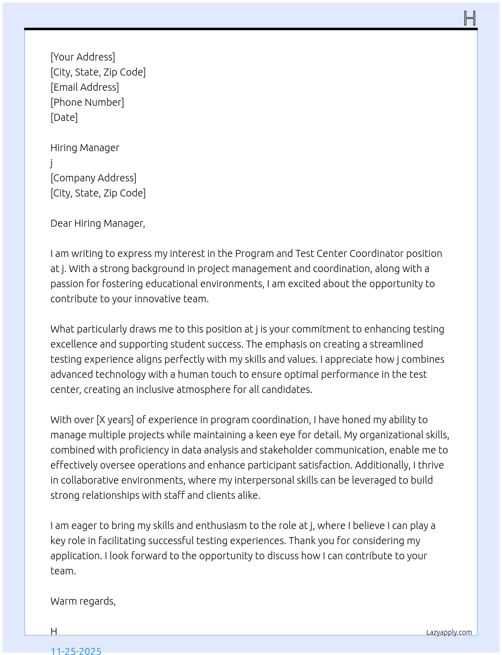 Cover letter for program and test center coordinator - LazyApply