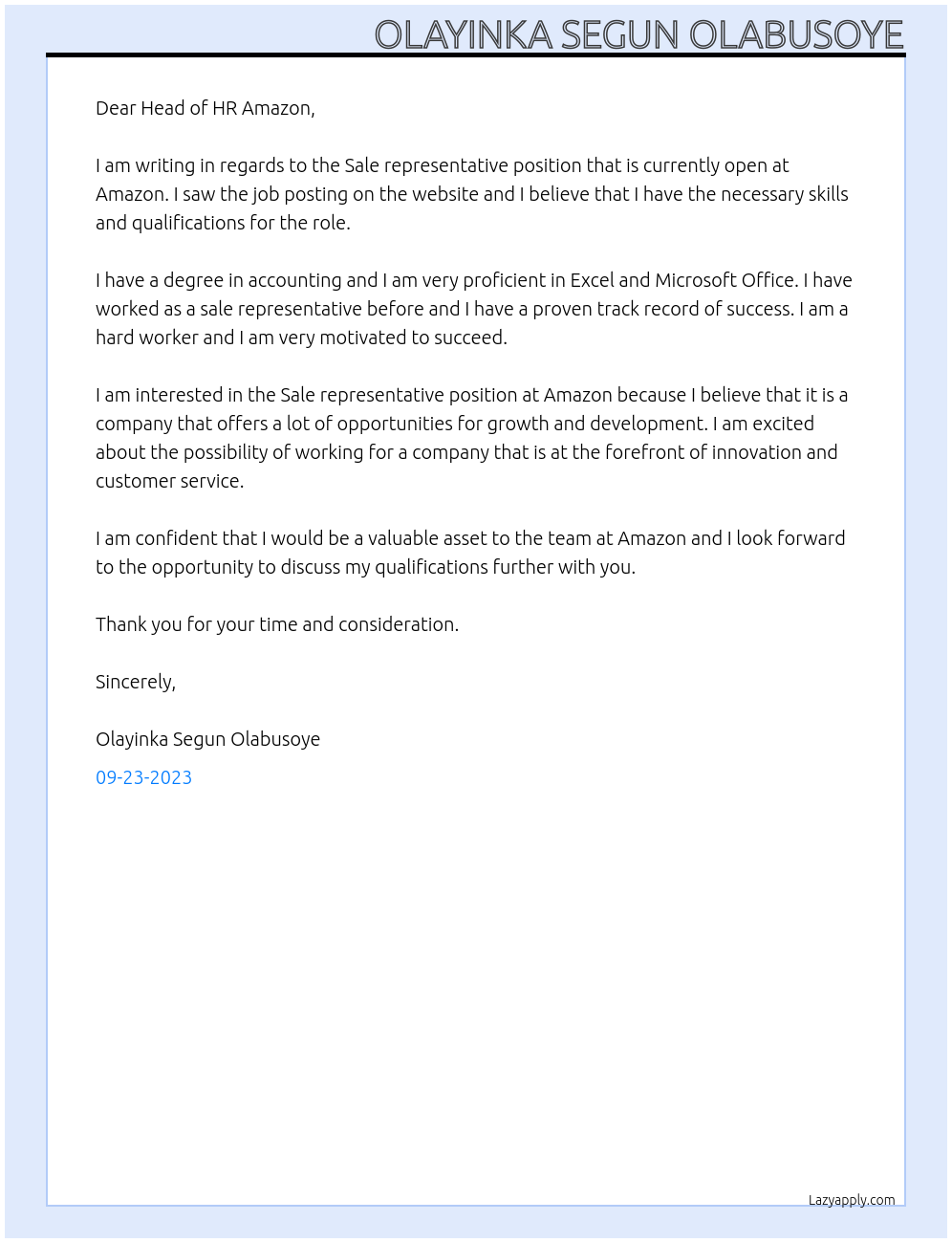 Cover letter for sale representative - LazyApply
