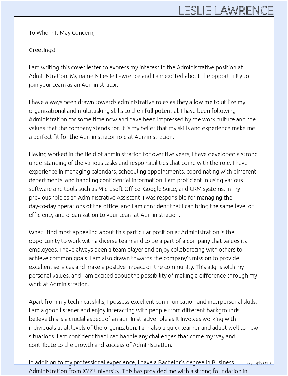 Cover letter for administrative - LazyApply