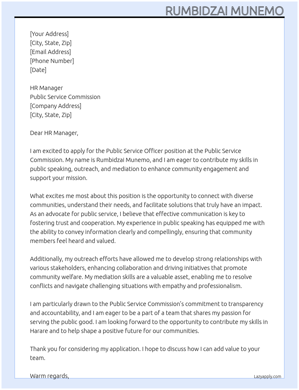 Cover letter for public service officer - LazyApply