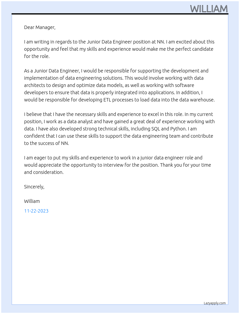 Cover letter for junior data engineer - LazyApply