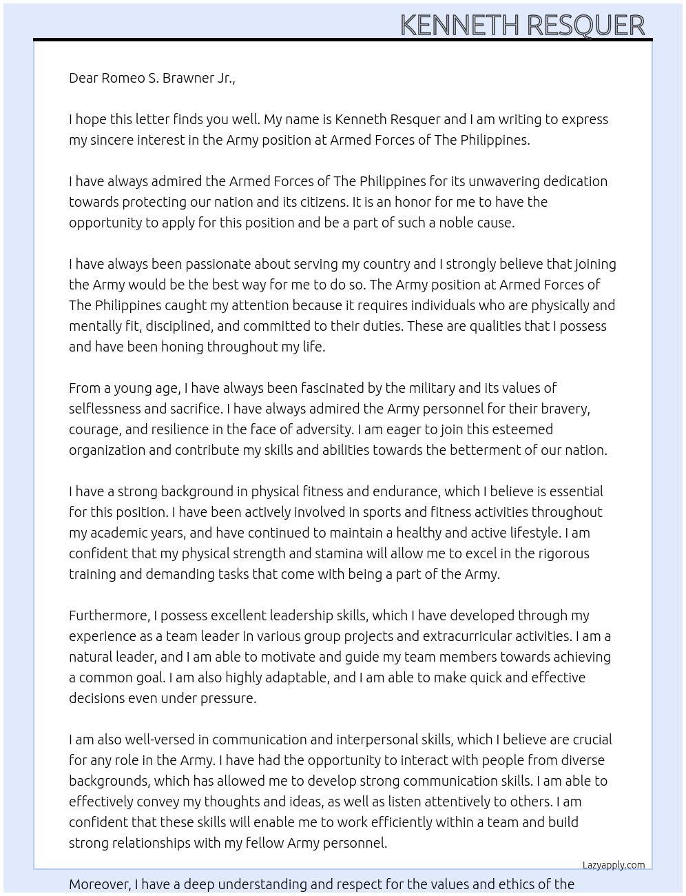 Cover letter for army - LazyApply