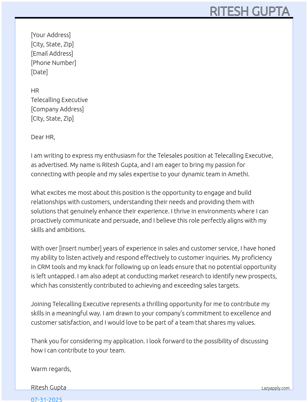 Cover letter for telesales - LazyApply