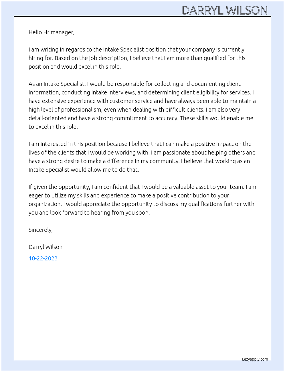 Cover letter for intake specialist - LazyApply