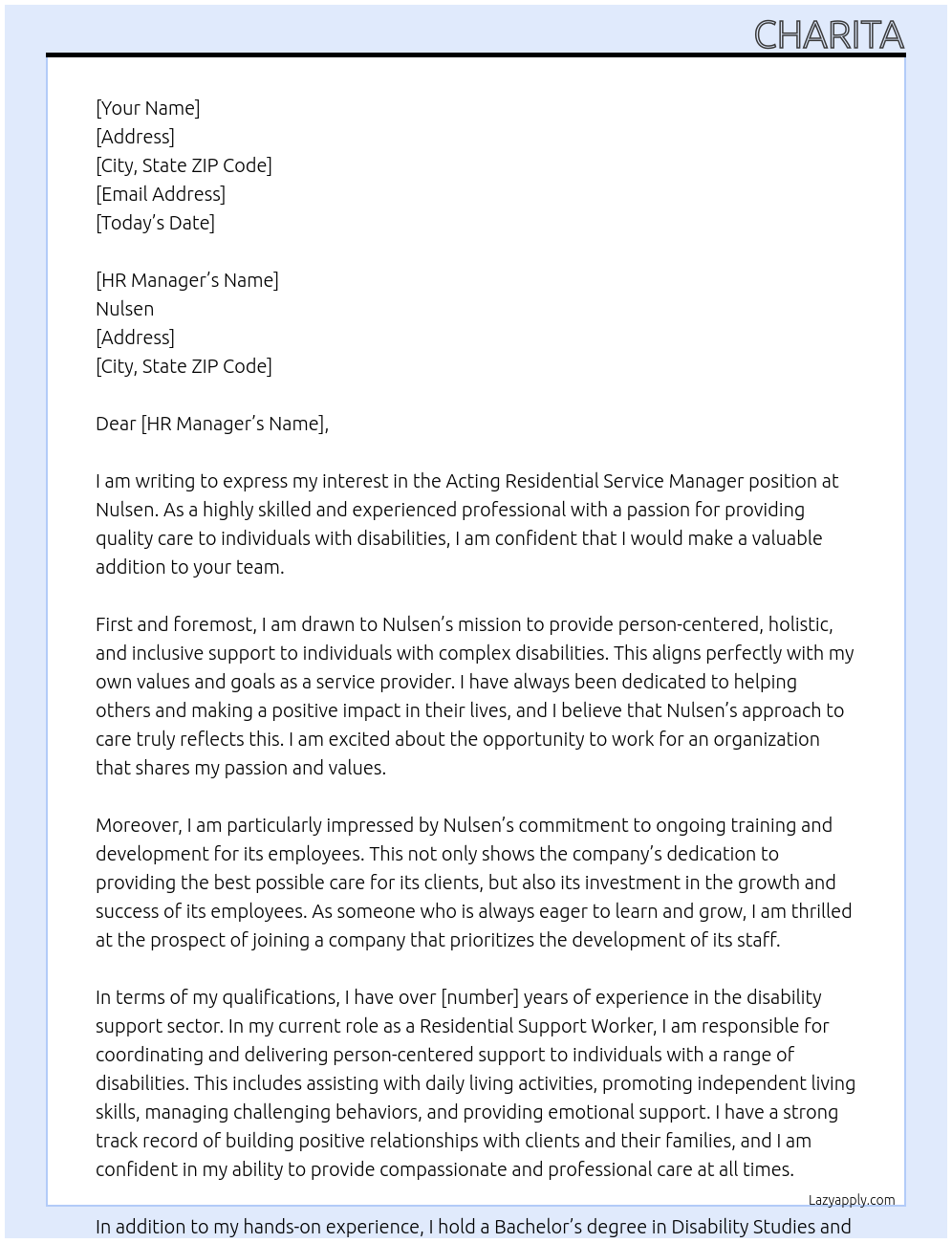 Cover letter for acting residential service manager - LazyApply